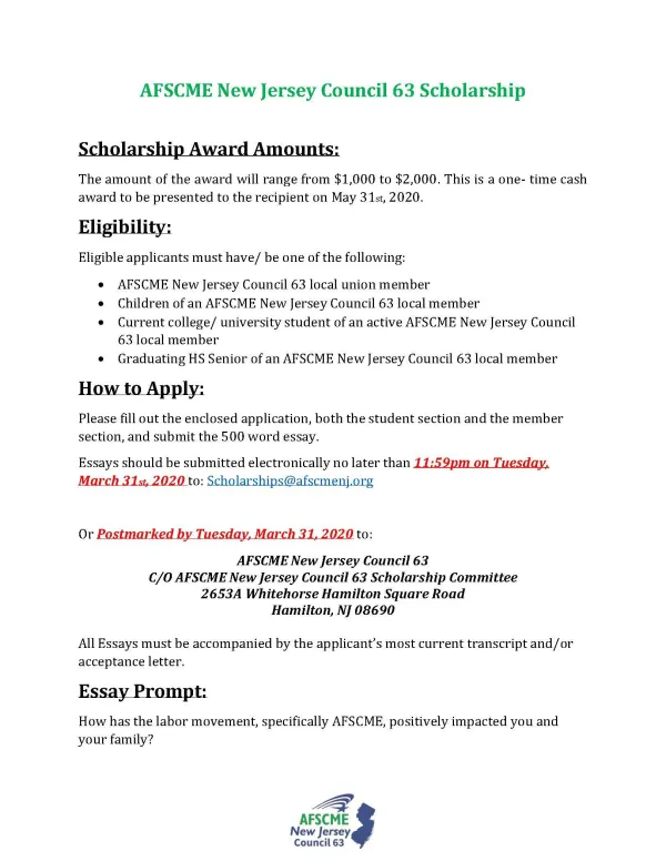 AFSCME NJ Council 63 Scholarship Application | AFSCME New Jersey